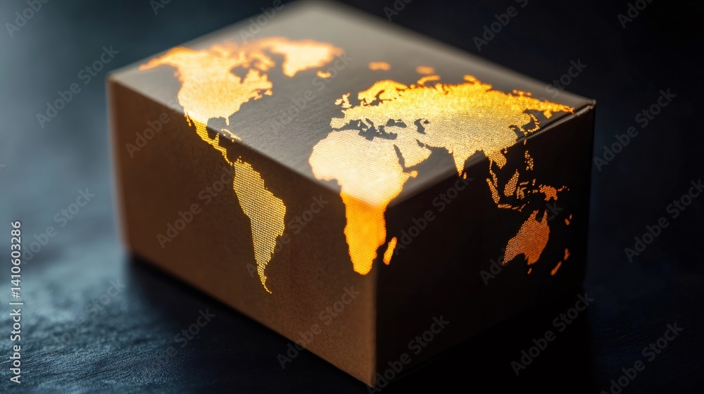 Cardboard box shining with golden world map depicting global business and e commerce Stock Photo ...