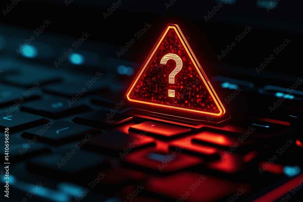 glowing orange warning sign with a question mark on a black keyboard ...