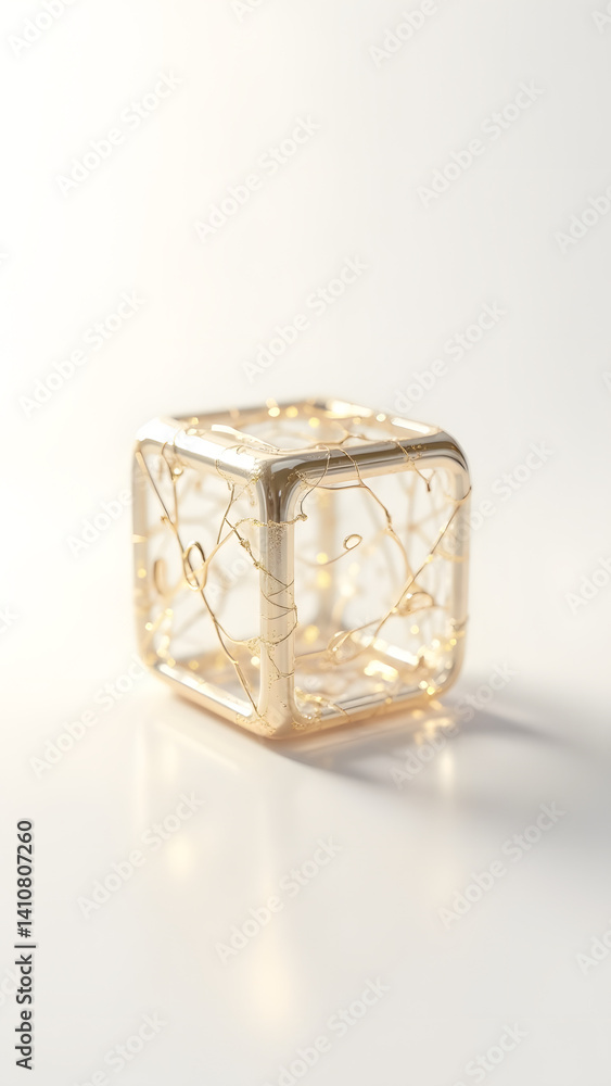 Golden wireframe die with perfect 1mm lines on white. 12K HD shows ...