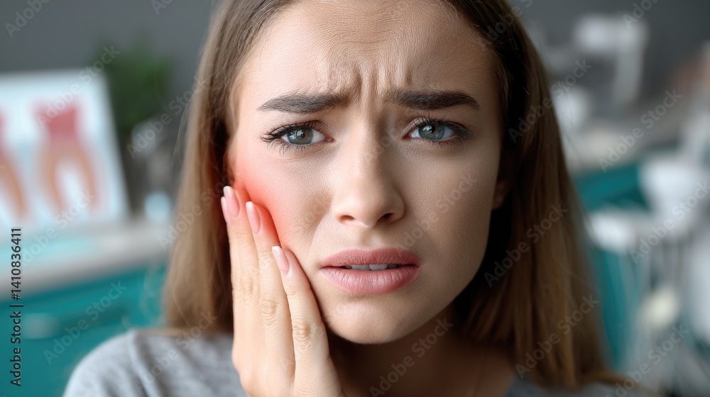 Tooth pain: woman face, sore jaw, red spot, aching mouth, cheek ...