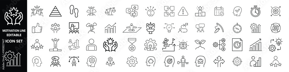 Motivation line editable icon set. Containing personal growth, goal ...