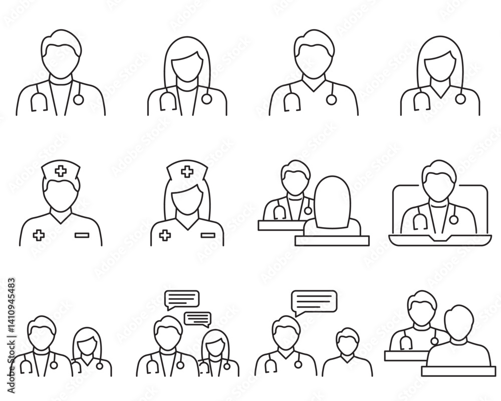 Doctor and nurse line icon set vector illustration, medical staff ...