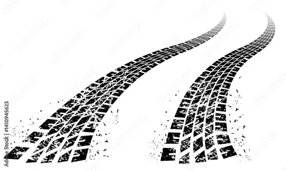 Grunge black tire track print in vertical layout, isolated on white ...