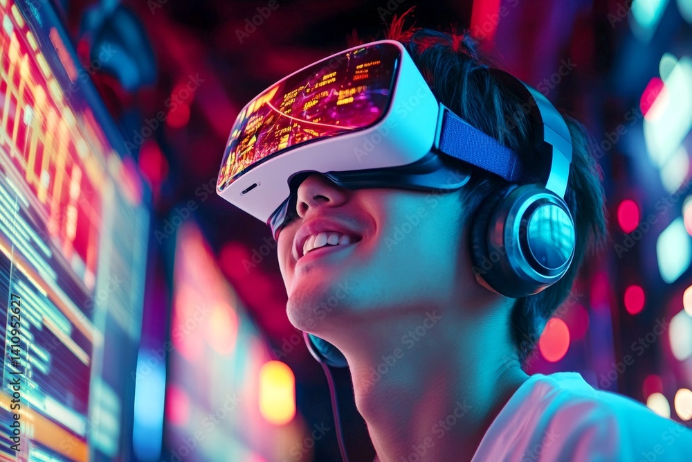 Layout of it. Nerd asian young man in futuristic headphones with a ...