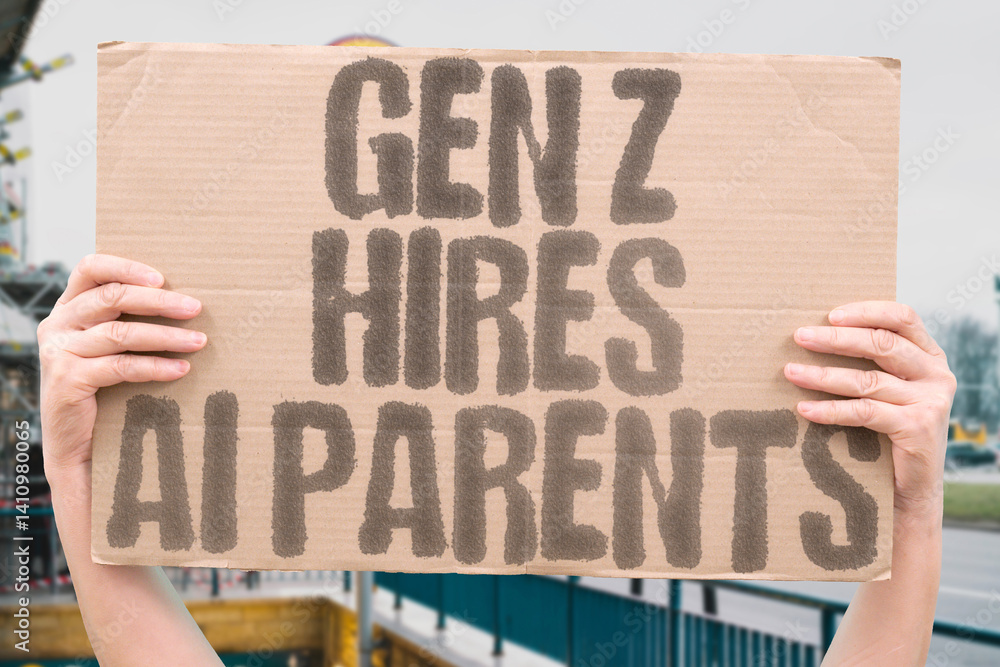 "Gen Z Hires AI Parents" on worn cardboard. Highlights orphans ...