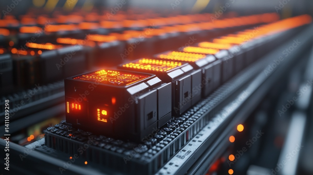 Futuristic server racks with glowing components. Rows of advanced ...