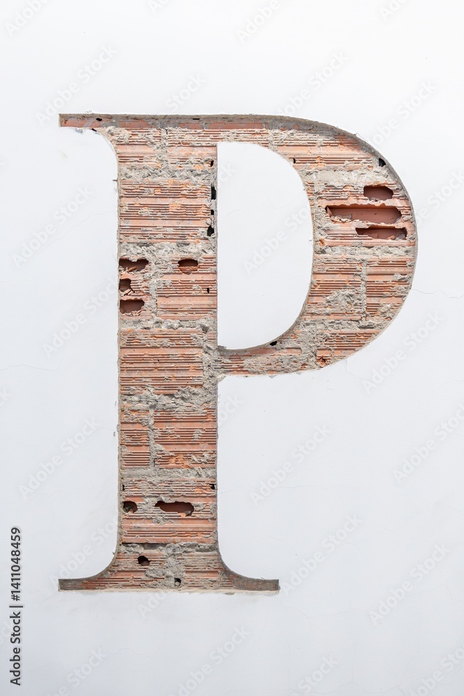 Artistic letter P cut through white plaster, exposing the red brick and ...