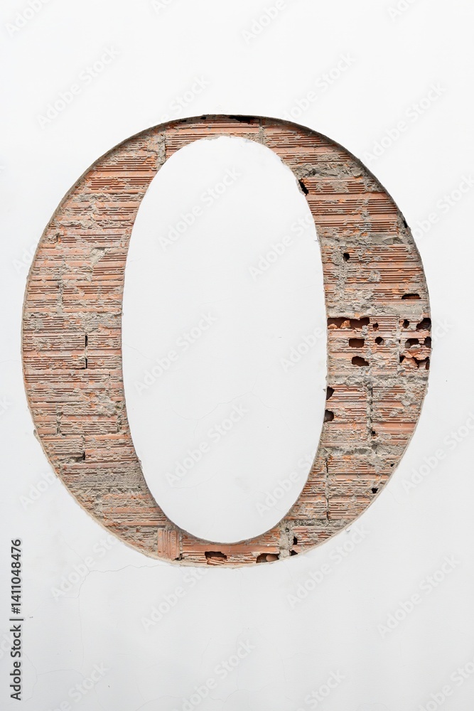 Artistic letter O cut through white plaster, exposing the red brick and ...