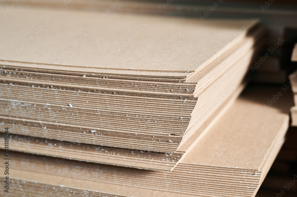 Stacks of thick paperboard ready for production of cardboard containers ...