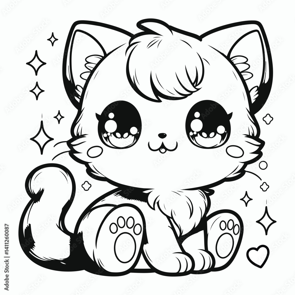 Cute Kawaii Cat Coloring Page for Kids Stock Vector | Adobe Stock