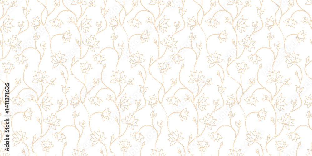 Repeating lotus flower and vine pattern on white background, blending ...