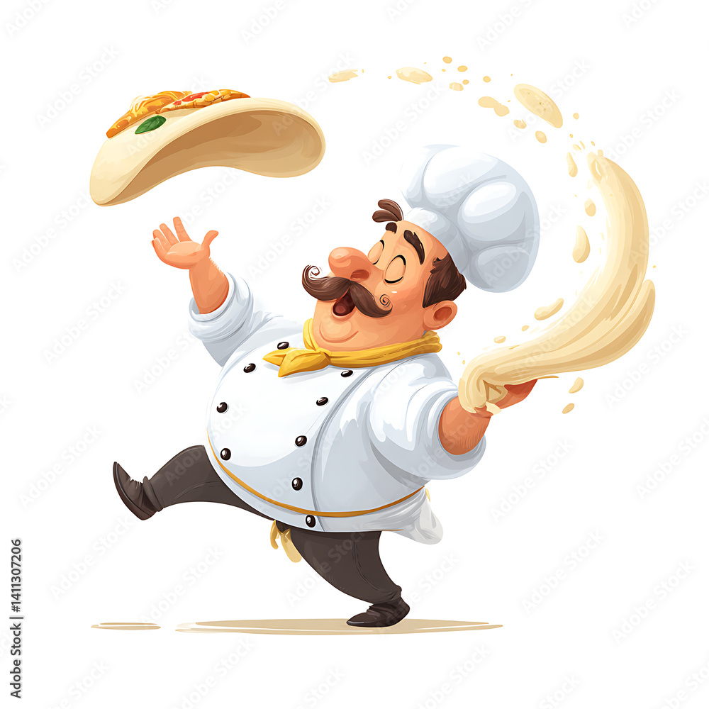 Cartoon chef tossing pizza dough with a smile and wearing a chef's hat ...
