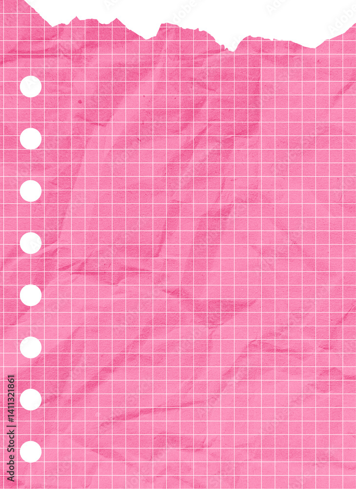 Crumpled pink torn ripped notepaper sheet with grid pattern texture ...
