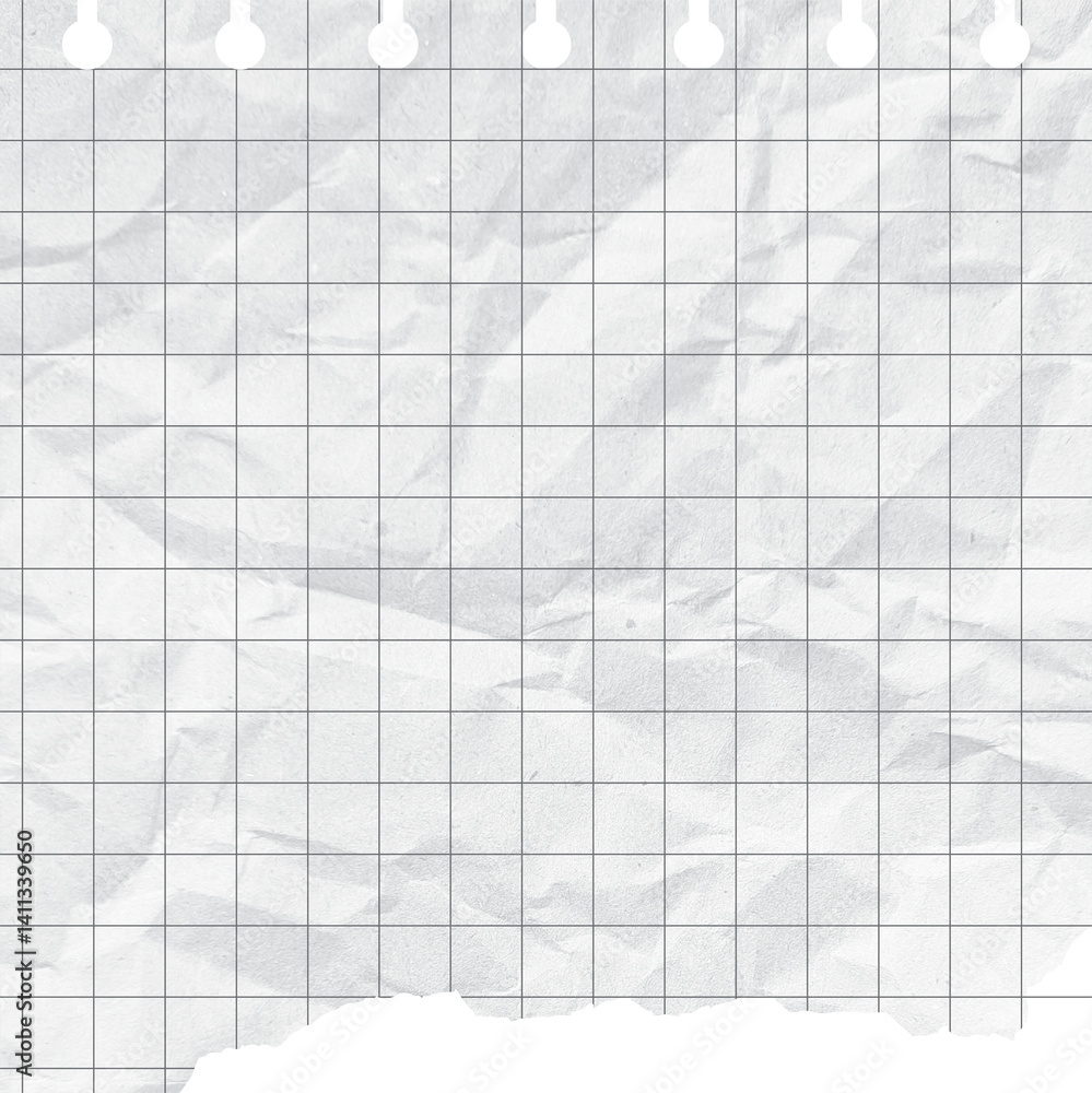 Crumpled white torn ripped notepaper sheet with grid pattern texture ...