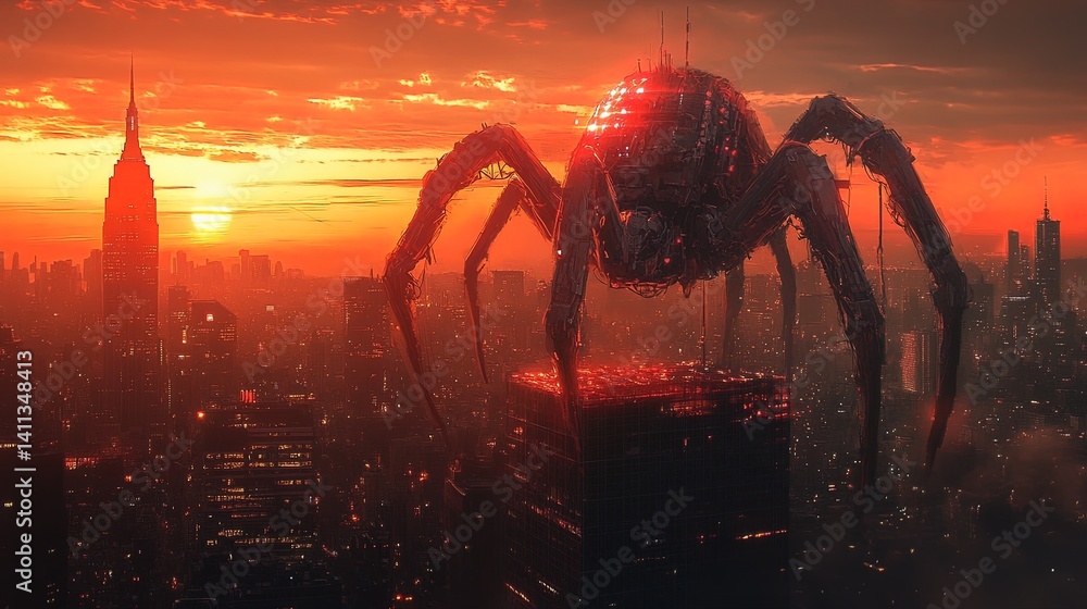 A concept art of a giant robotic spider repairing a skyscraper at ...