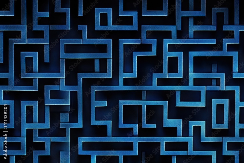 Blue maze with complex paths on a dark, shadowed surface texture. Show ...