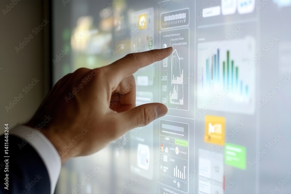 Business professional interacting with a digital touchscreen displaying ...