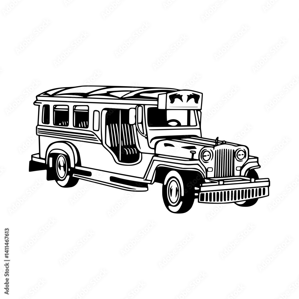 Vintage Jeepney Illustration - Black & White Stock Vector | Adobe Stock