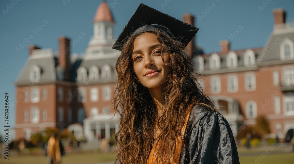 Young graduate smiling outdoors, long curly hair, wearing graduation ...