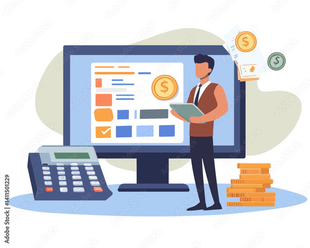 Online Payroll System Concept - Businessman Calculating Employee ...