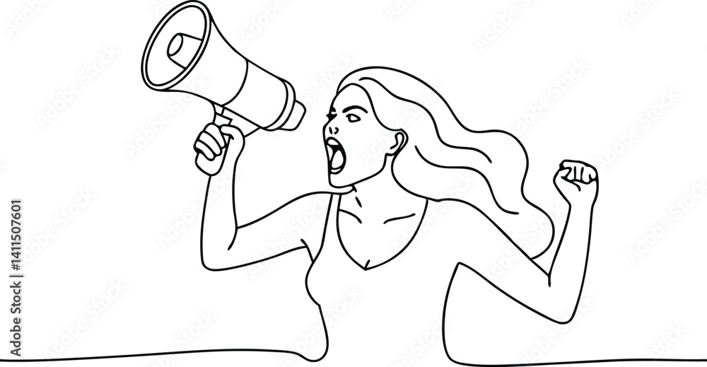 Feminist protest woman with megaphone continuous line drawing vector ...