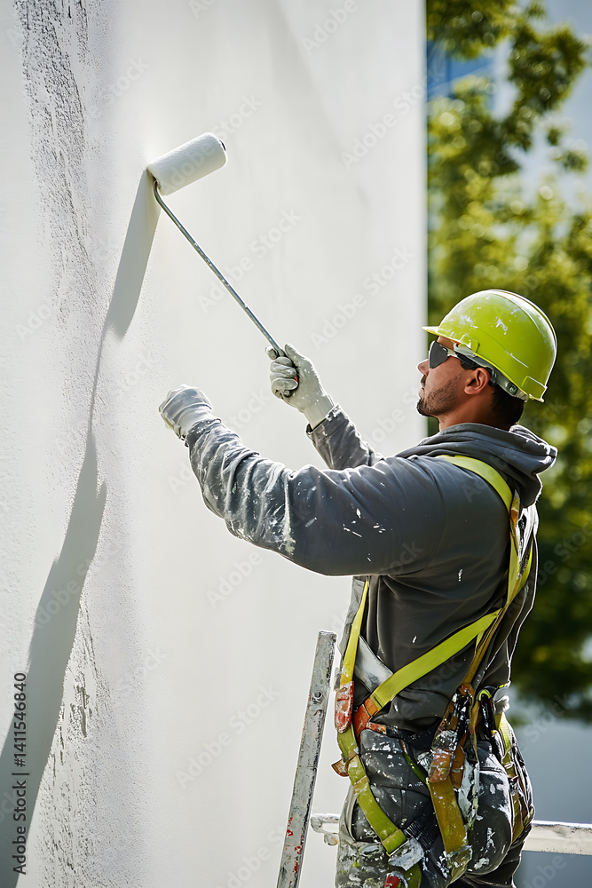 Exterior painter using a roller to apply weatherproof coating on a ...
