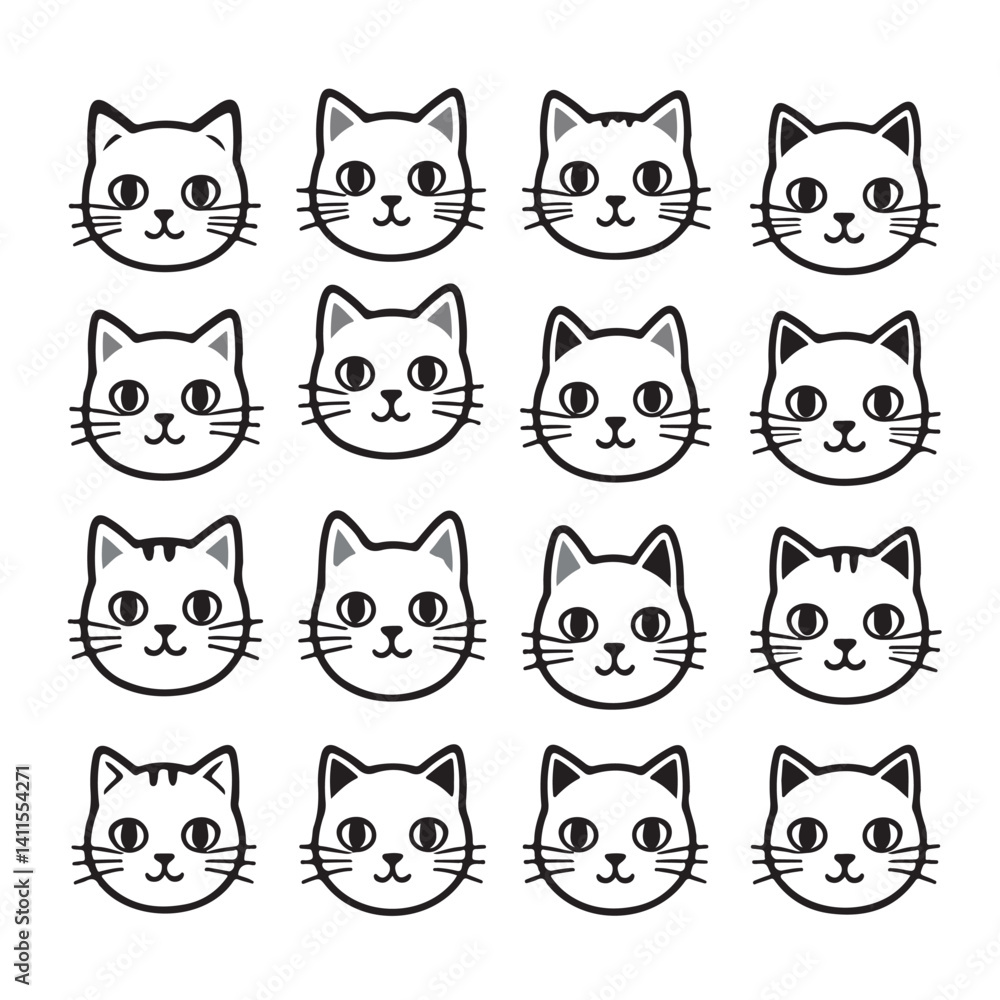 Cat icons collection. Kittens emoji symbols set. Black and white simple ...