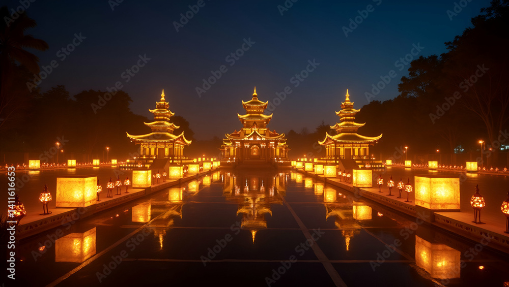 Stock-Illustration „Admire Vesak Pagoda lighting as radiant lanterns ...