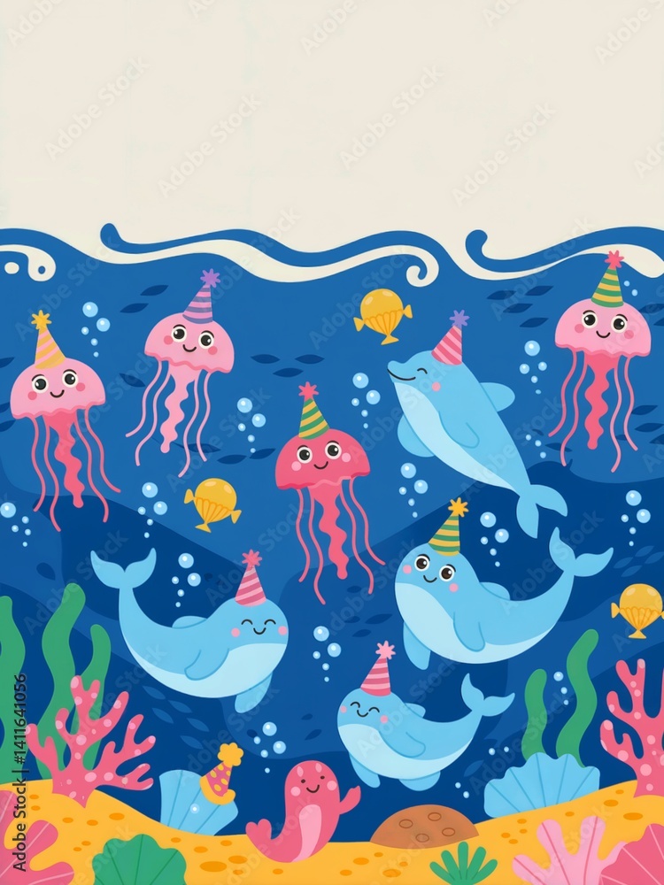 Cute Underwater Party Animals Clipart ,Dolphin Jellyfish Cartoon with ...