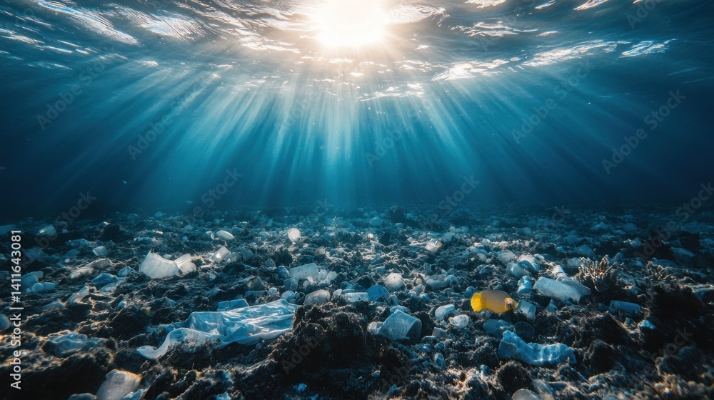 Underwater Plastic Pollution. Sunlight streams through the surface ...