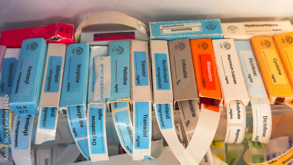 London, UK. April 02 2025. A drawer of colour-coded drug labels in a ...