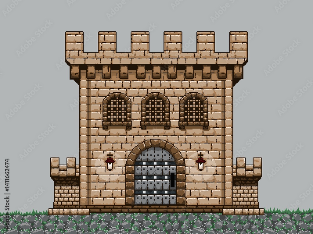 Pixel art medieval castle building featuring a stone facade, iron gate ...