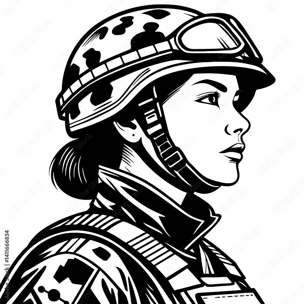 Female Soldier Profile in Tactical Gear Strong Determination Vector Art ...