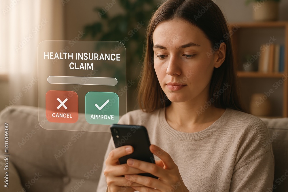 Health Insurance Claim Approval: A woman attentively checks her health ...