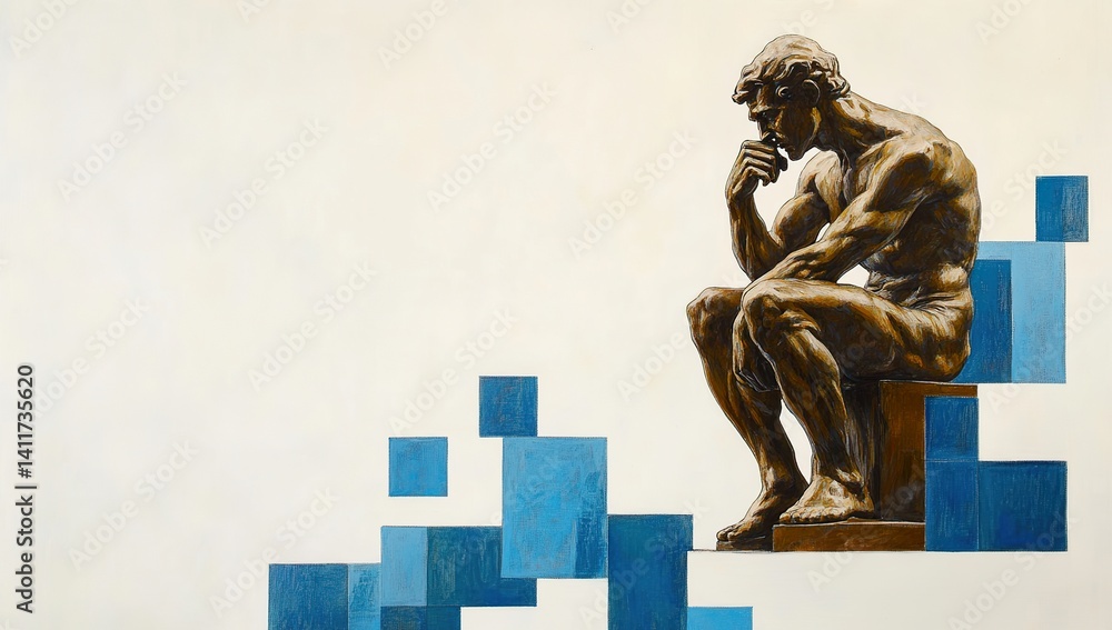 Bronze Statue of The Thinker in Front of Architectural Drawing with ...