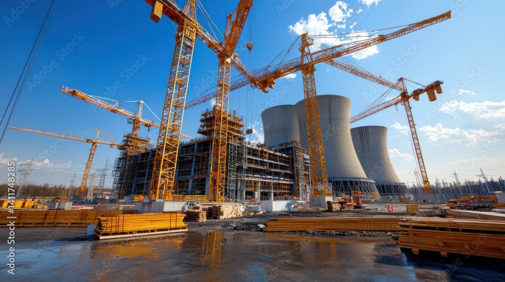 Construction cranes at nuclear power plant under construction Stock ...