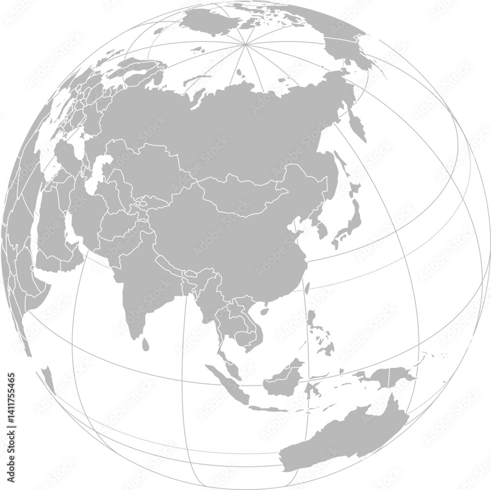 World vector map with country boundaries and graticules (China-centered ...