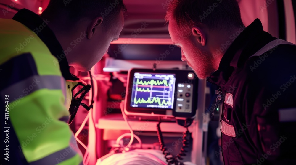 Paramedic checking vital signs on a patient inside an ambulance ...