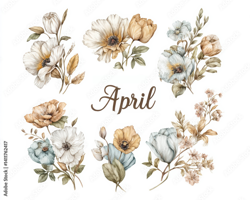 Floral illustration featuring various blooms with a soft color palette ...