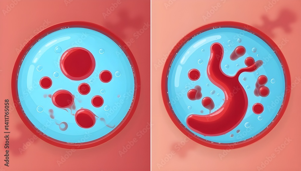 Microscopic medical illustration showing blood clotting process and ...