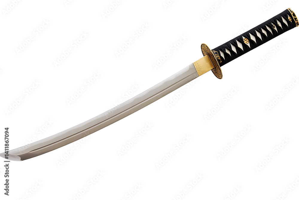 Sharpened Japanese katana with detailed hilt and scabbard on ...