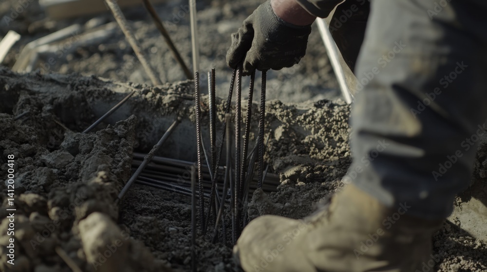 Construction worker fixing rebar at foundation site. Featuring ...