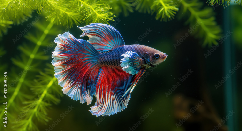 Siamese fighting fish with flowing red and blue fins swimming against ...