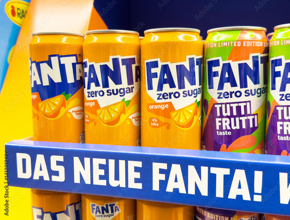 Fanta display with orange and tutti frutti zero sugar cans in german ...