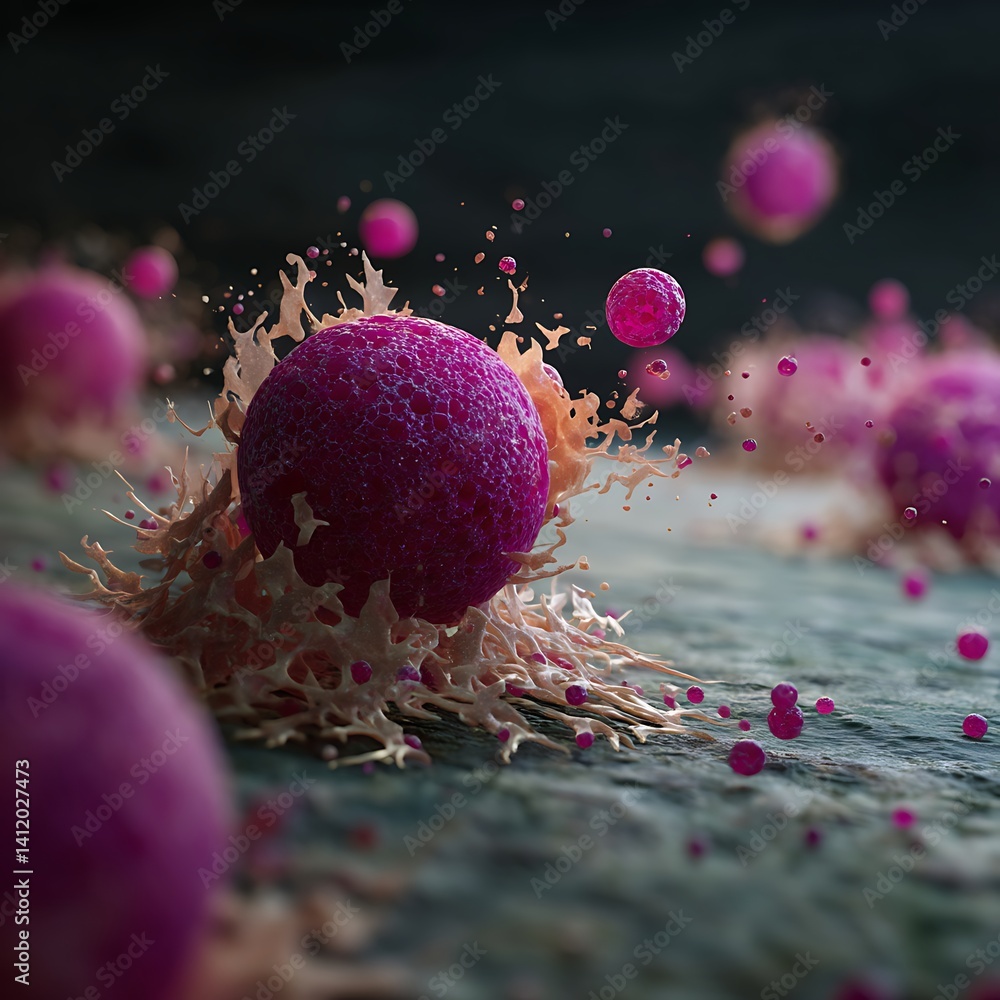 apoptosis of a cancer cell, cell disintegrating, realistic biological ...