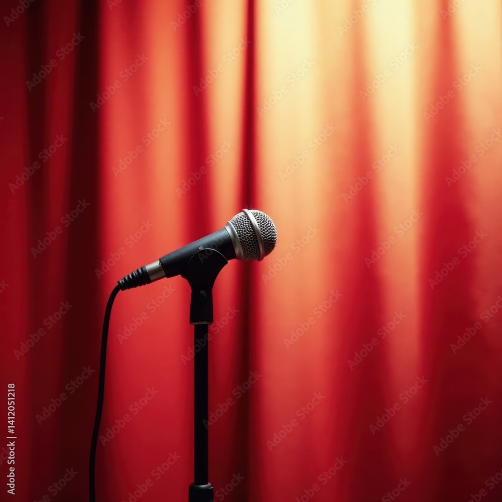 Microphone center stage under red curtain backdrop with soft focus ...
