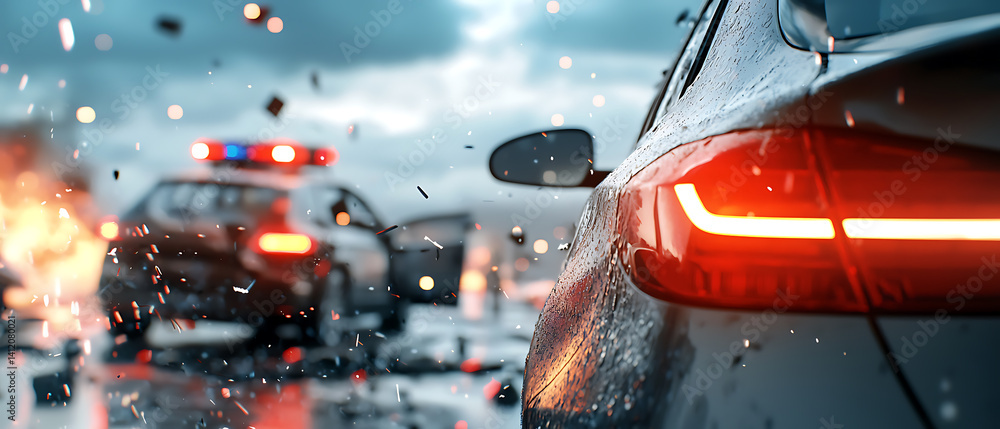 Emergency response at car accident scene with flashing lights urban ...