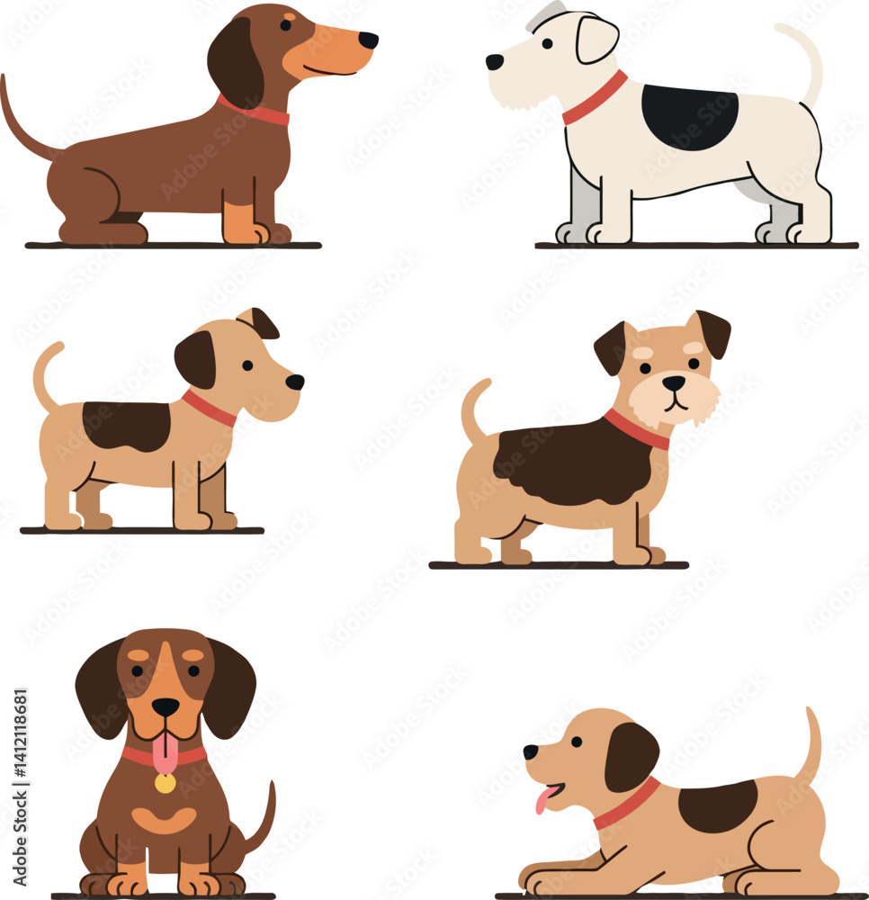 Stock-Vektorgrafik „Six cute dogs in flat design style showing ...