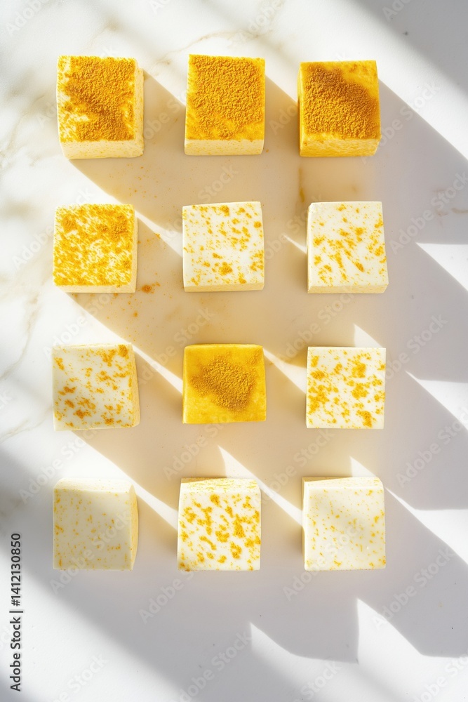 Crisp tofu cubes neatly aligned in grid pattern on white marble surface ...