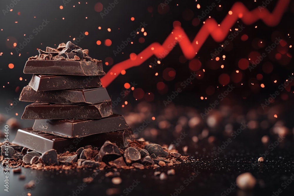 Chocolate price increasing, stack of dark chocolate bars with growing ...